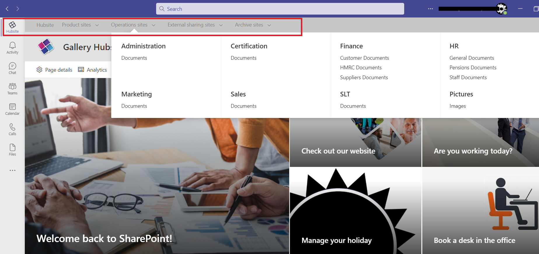Sharepoint Hubsite in Teams with Viva Connections - hub menu bar ...