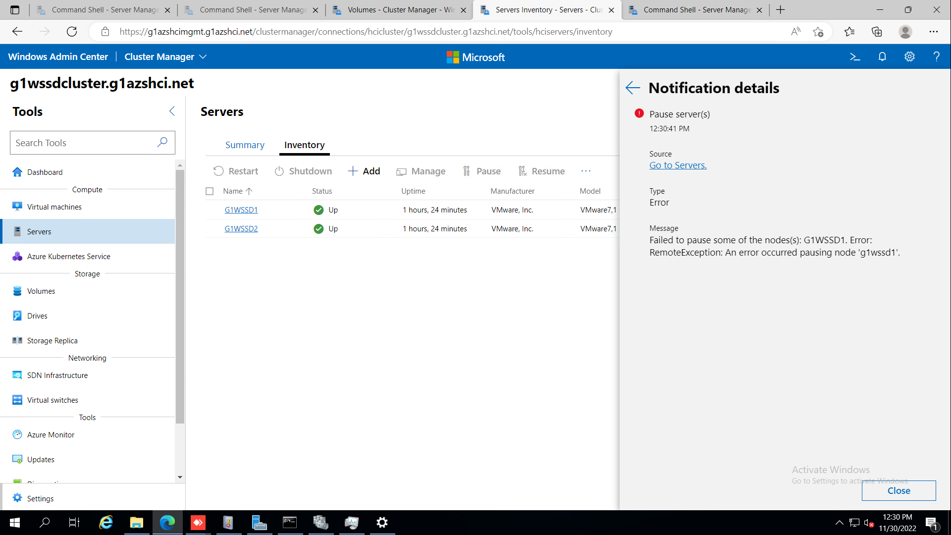 Cannot Pause Cluster Node using WAC Error: Failed to pause some of the nodes remoteexception ...