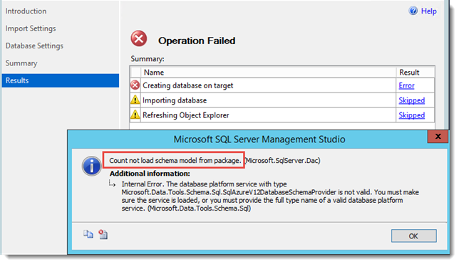 BACPAC: Could not load schema model from package | Microsoft Community Hub
