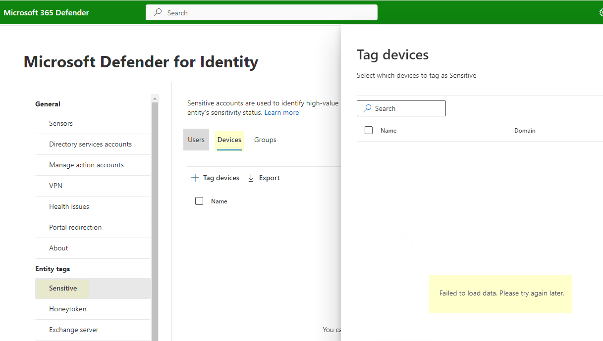 Not able to load Devices to Tag as Sensitive in MDI | Microsoft ...