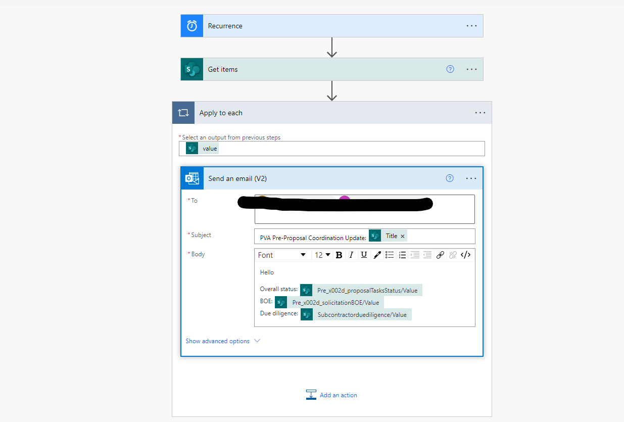 Create a flow to send a weekly email with list data for each row ...