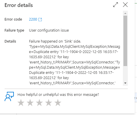 duplicate key error in (csv files to mysql database)copy activity azure data factory | Microsoft ...