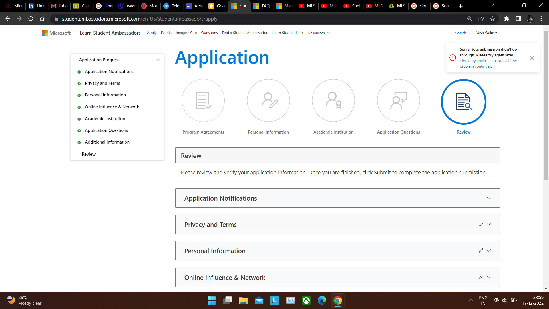 Error while trying to submit my application for Microsoft Learn Student ...