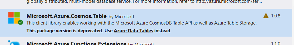 Microsoft Azure CosmosDB Table API has deprecated and replaced with Azure.Data.Tables ...