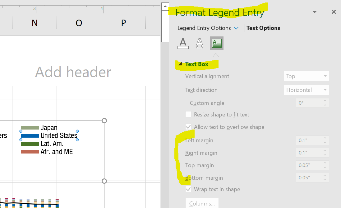 Charts: Format Legend Entry: Text Options: Text box -- all fields are ...