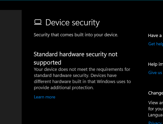 Standard hardware security not supported | Microsoft Community Hub