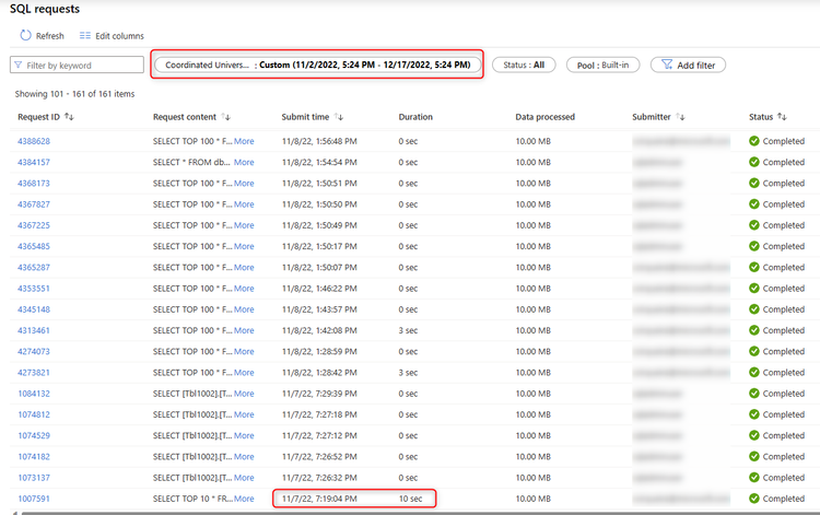 Monitoring Synapse serverless SQL pool query history | Microsoft ...