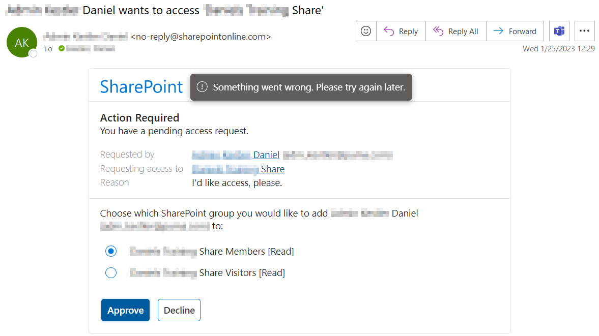 Sharepoint access requests in Outlook | Microsoft Community Hub