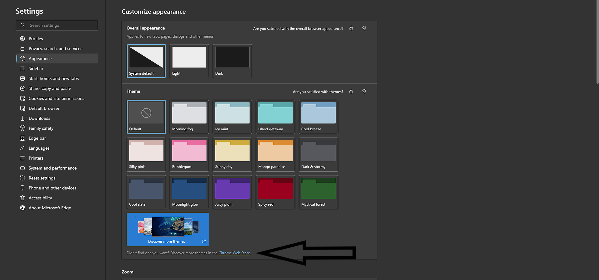 Appearance Settings page shows link to Chrome Themes instead of Edge Add-ons Theme Page ...