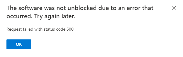 Error 505 while unblocking google chrome app in security center ...