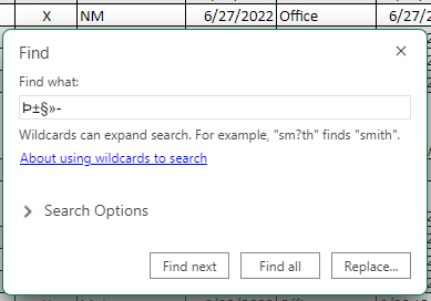 Find and Replace dialog box show weird characters | Microsoft Community Hub