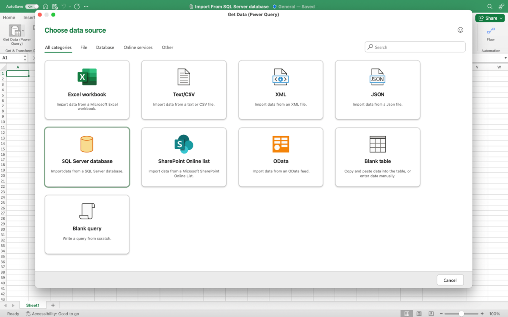 Import data from SQL Server databases into Excel for Mac using Power Query Import data from SQL Server databases into Excel for Mac using Power Query