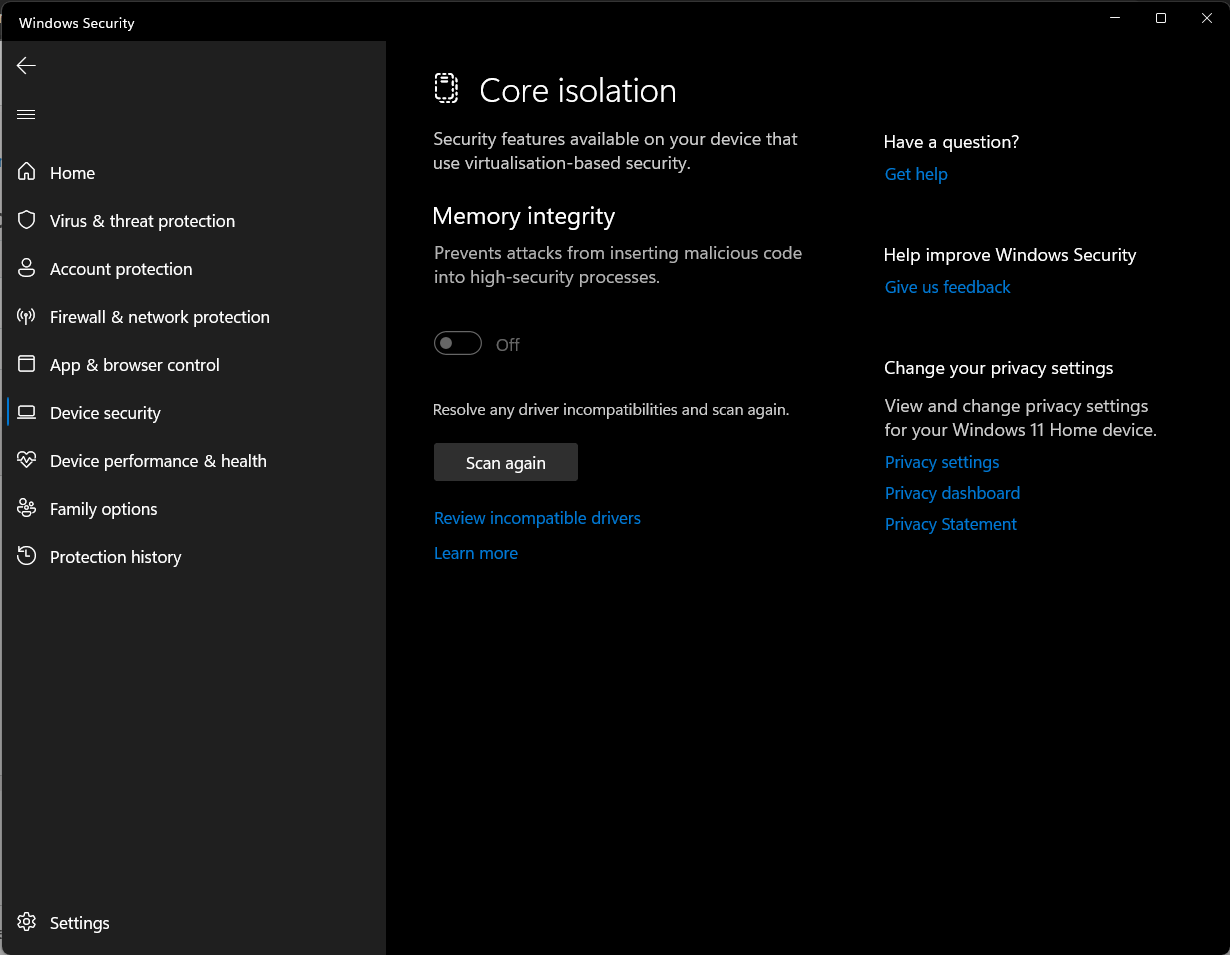 Unable to turn Core Isolation On | Microsoft Community Hub