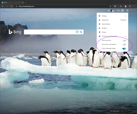 If I want a clean look on Bing's homepage when I startup Bing like ...