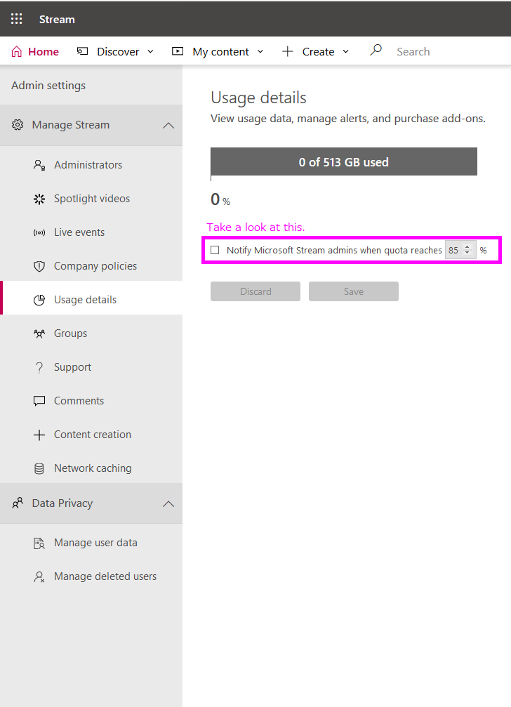 "Notify Microsoft Stream admins when quota reaches" not enable ...