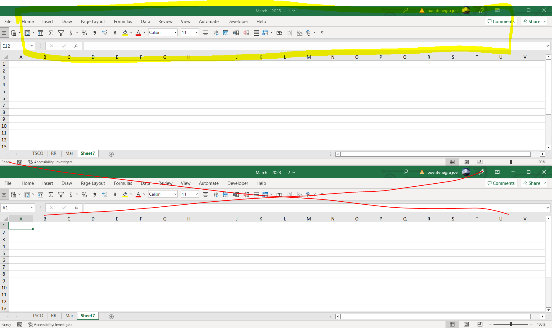 Excell arrange All - how to have single header for all excell windows ...