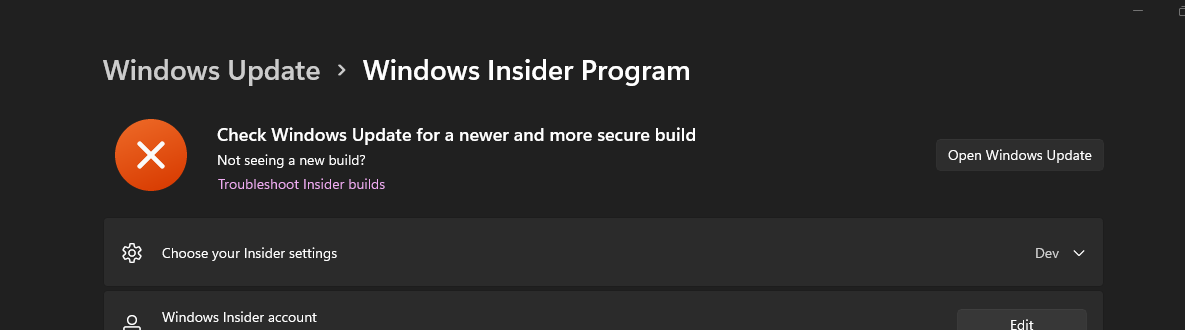 red circle with white X windows insiders program | Microsoft Community Hub