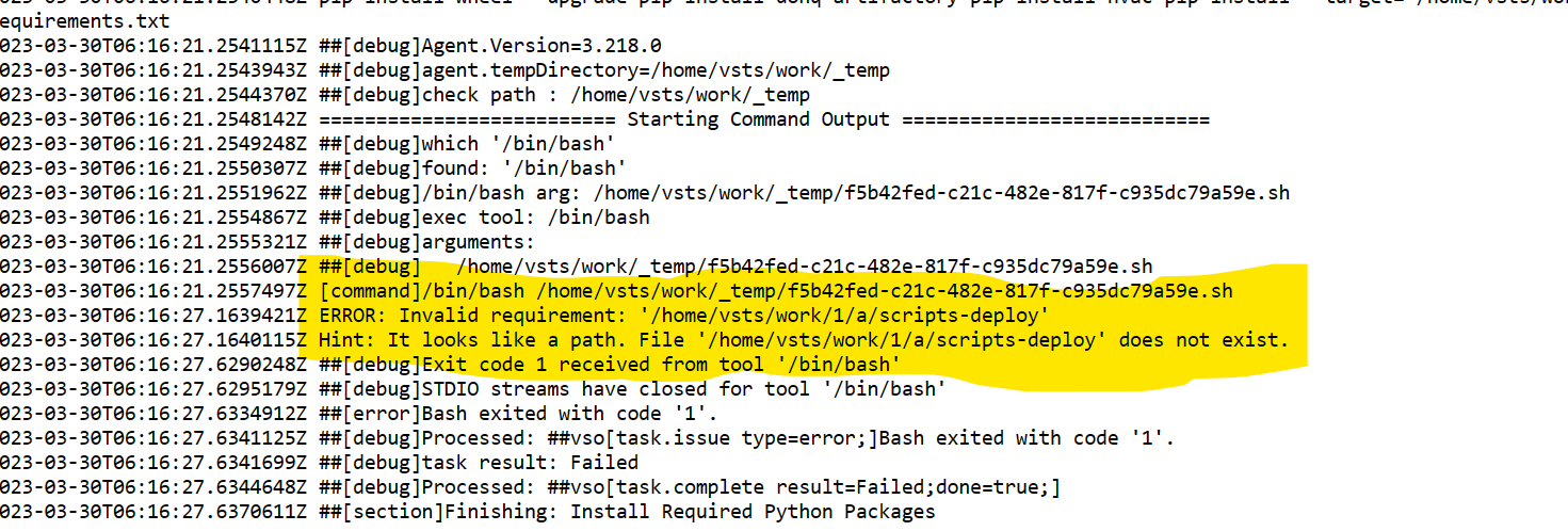ERROR: Invalid requirement: '/home/vsts/work/1/a/scripts-deploy' | Microsoft Community Hub