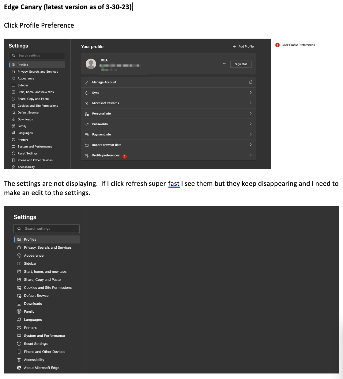 Edge Canary Profile Preferences are Not Displaying | Microsoft Community Hub
