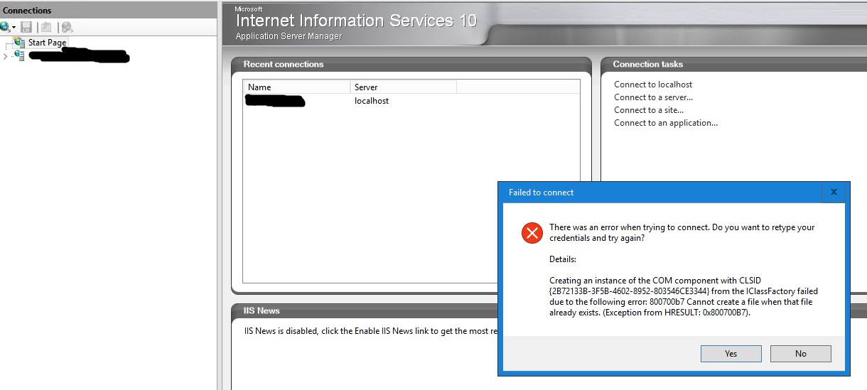WAS service was unable to start with error "Cannot create a file when that file already exists ...