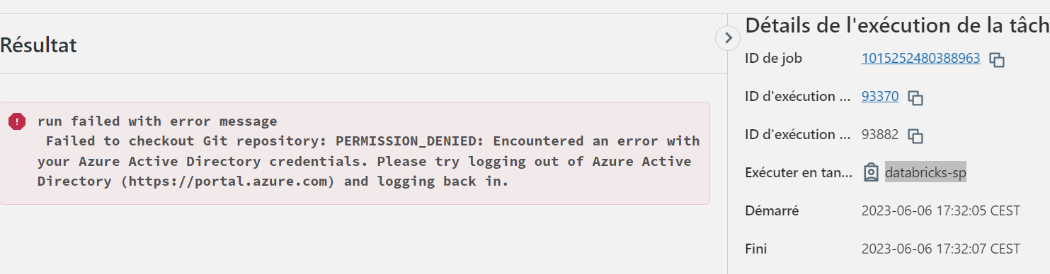 Databricks Job owed by service principal, failed to checkout from Git repository : PERMISSION ...
