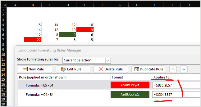 Conditional formatting based on cell above AND left | Microsoft Community Hub