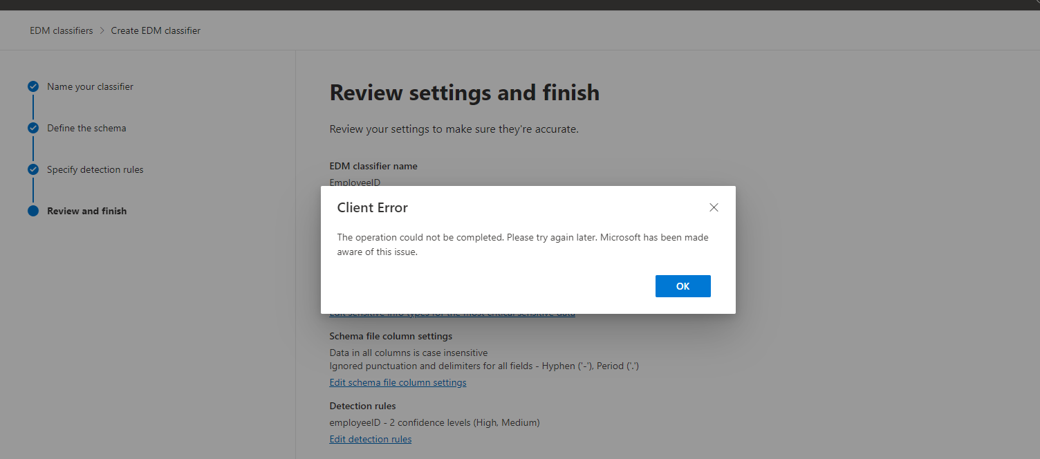 The operation could not be completed. microsoft has been made aware of ...