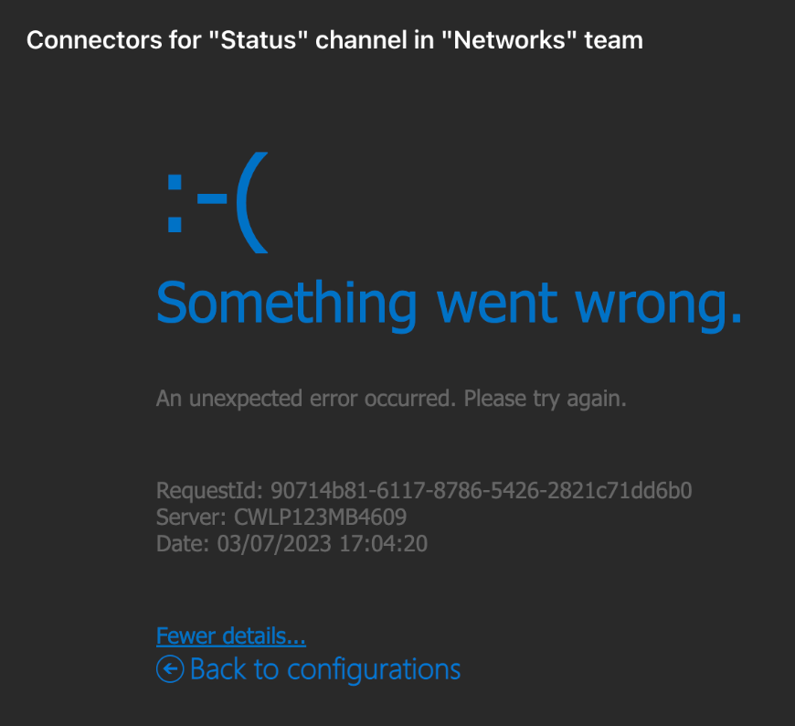 Configuring Incoming webhook - error - something went wrong | Microsoft Community Hub