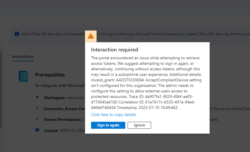 Error with accessing Microsoft 365 Defender Data Connector ...