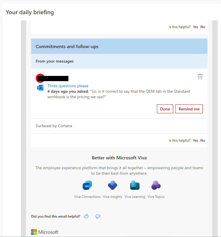 "Done" and "Remind me" buttons on "Your daily briefing" emails now ...