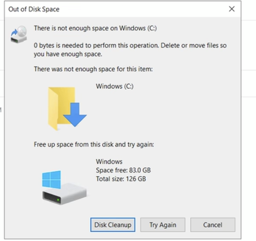 Find the solution of error (Out of Disk Space) | Microsoft Community Hub
