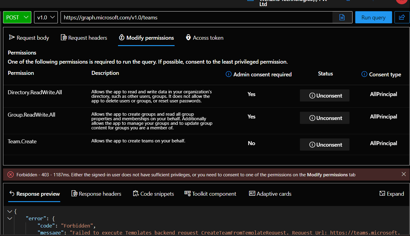403 Forbidden Error When Using Create Team Graph Api Microsoft Community Hub