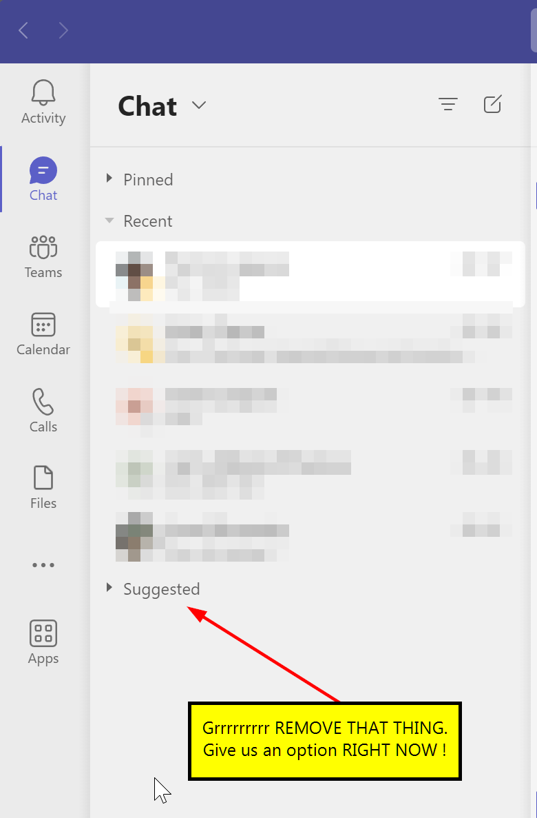 Remove SUGGESTED in chat list | Microsoft Community Hub