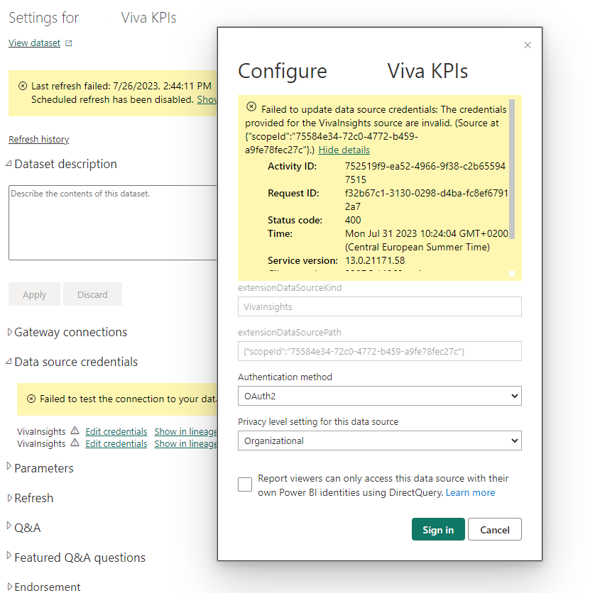 Failed to update data source credentials: Viva Insights | Microsoft ... Failed to update data source credentials: Viva Insights | Microsoft ...