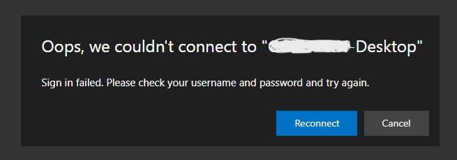 Sign in failed. Please check your username and password and try again ...