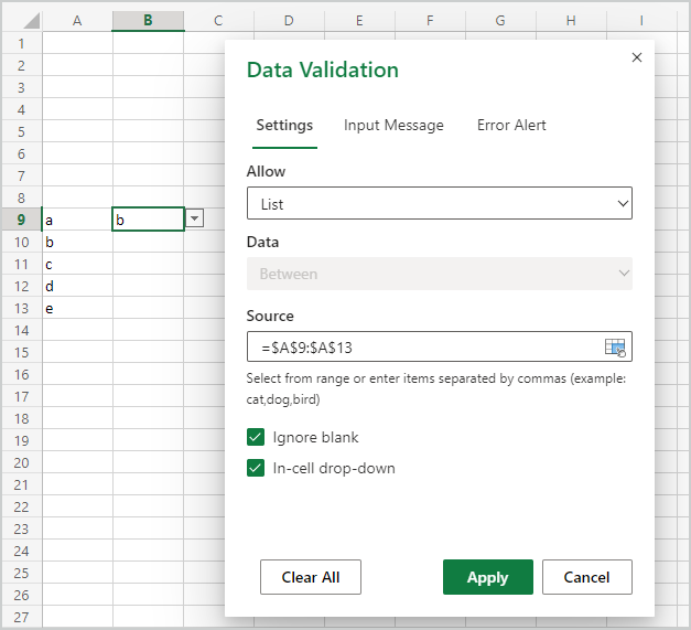 Data Validation -> Allow List -> "The formula you entered is not valid" (Excel online for ...