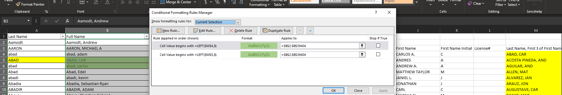 Using conditional formatting to highlight a large range based on a smaller range w/specific text ...
