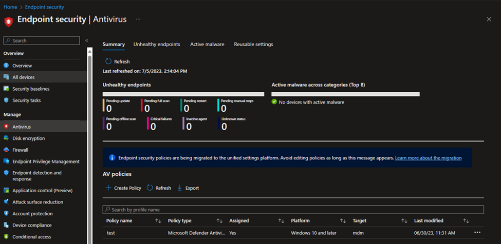 Endpoint security policies migrating to the unified settings platform in Microsoft Intune ...
