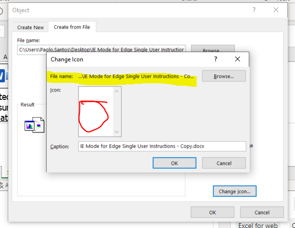 On embedding word file on excel. when inserting word file icon, it doesnt show the exact Icon ...