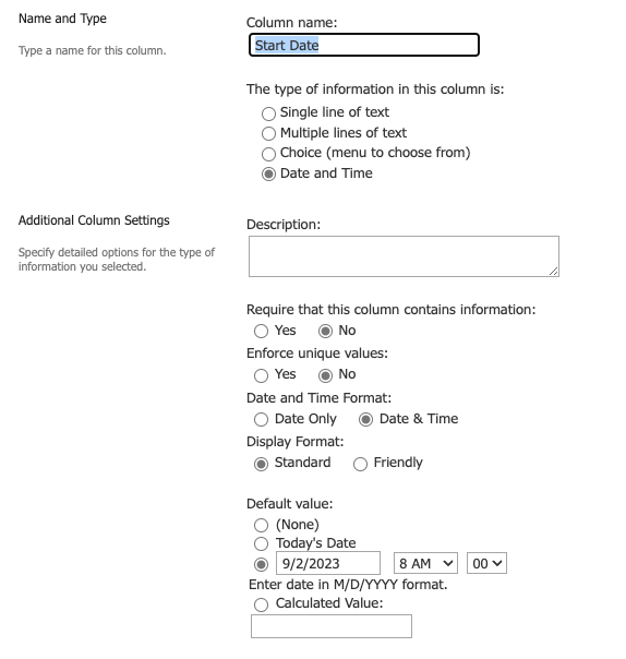 Set default date/time in SharePoint list with TODAY and a set time | Microsoft Community Hub