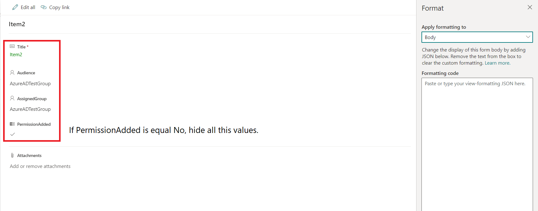 Hide item using JSON formatting | Microsoft Community Hub