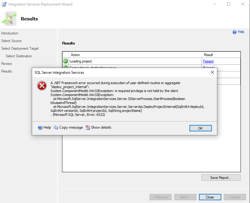 SQL Server 2022 SSIS package deployment issue. A required privilege is not held by the client ...