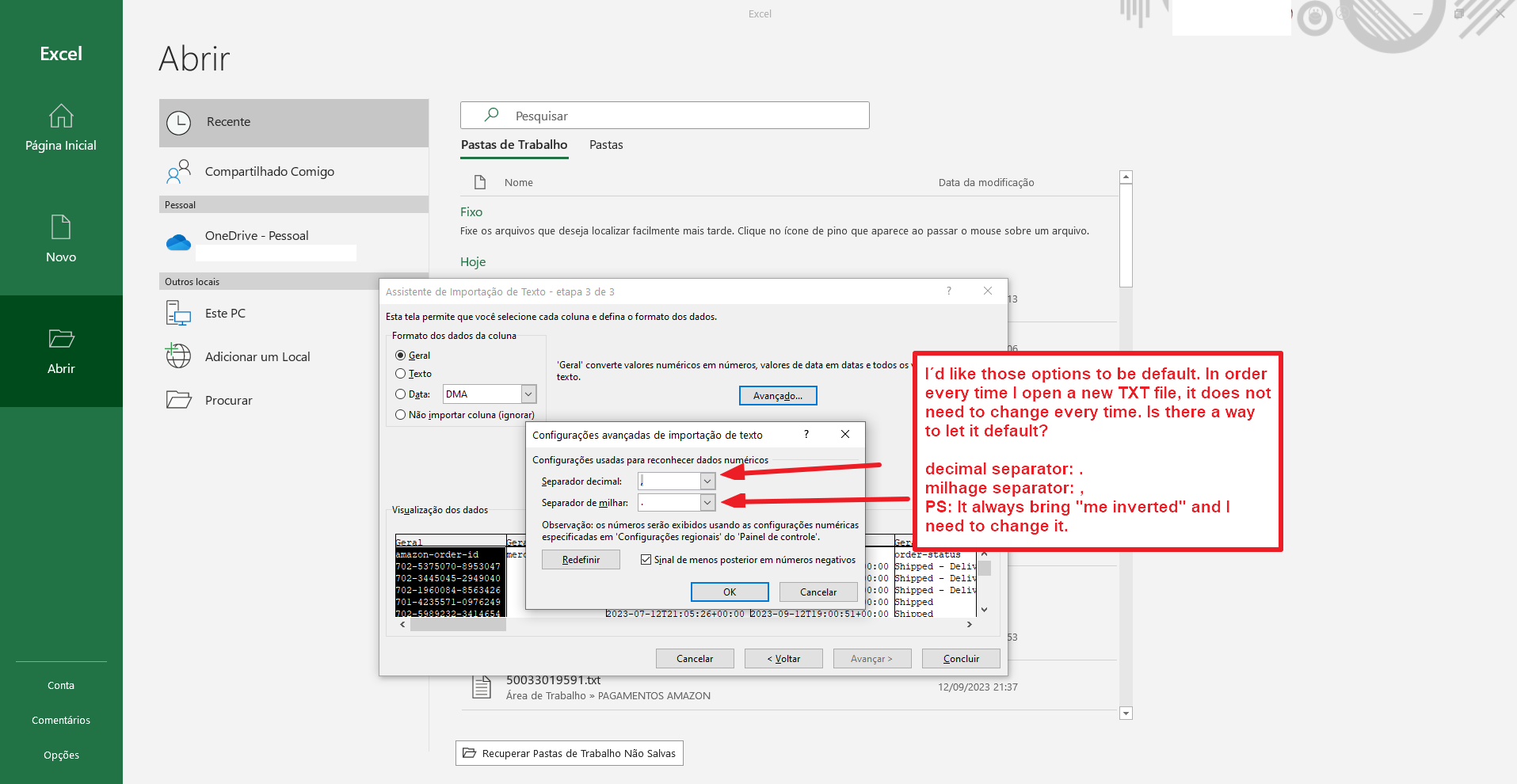 Opening TXT files and setting default decimal and thousand options ...
