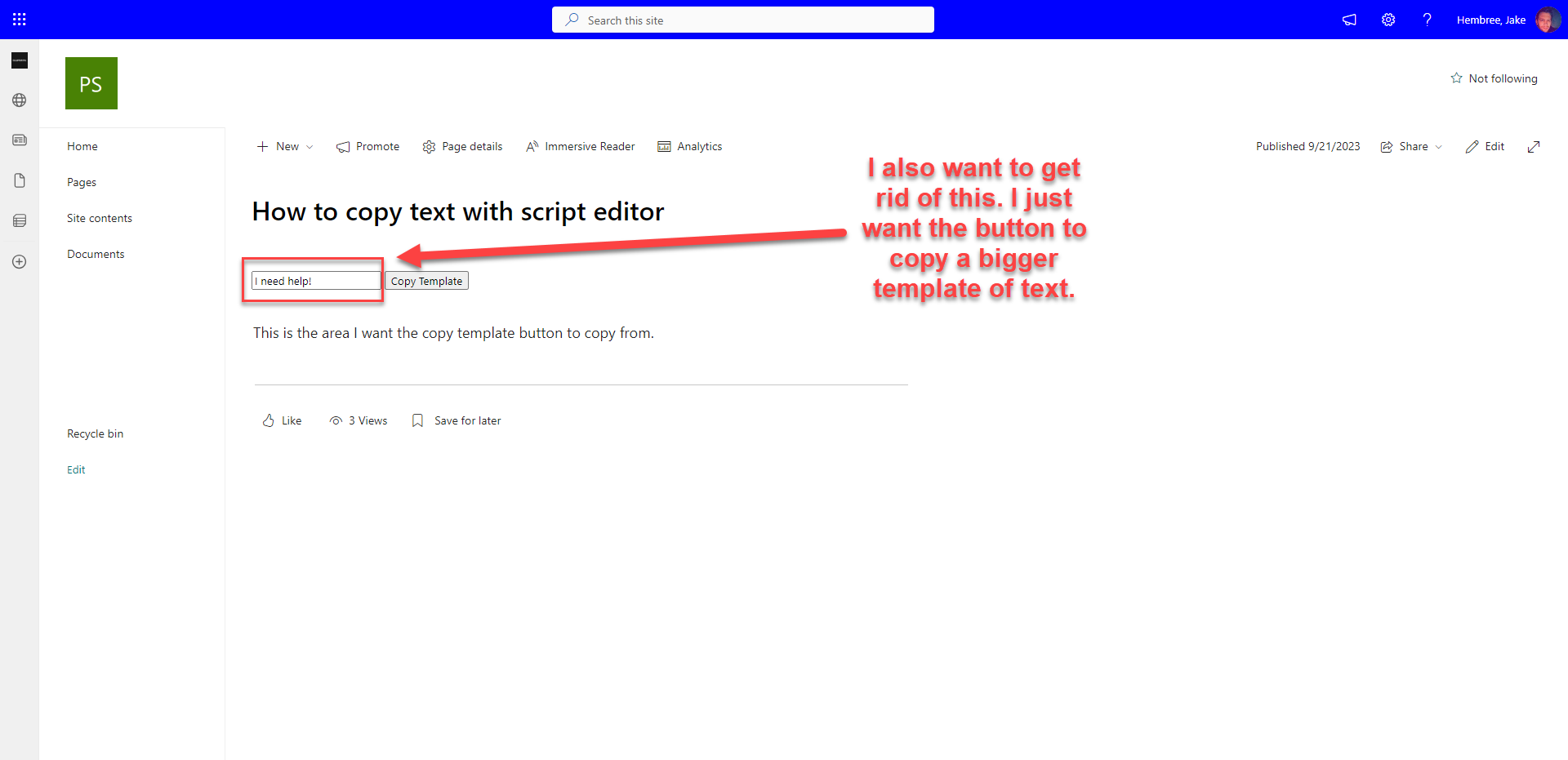 Using Modern Script Editor web part to copy text from a div container in SharePoint Page ...