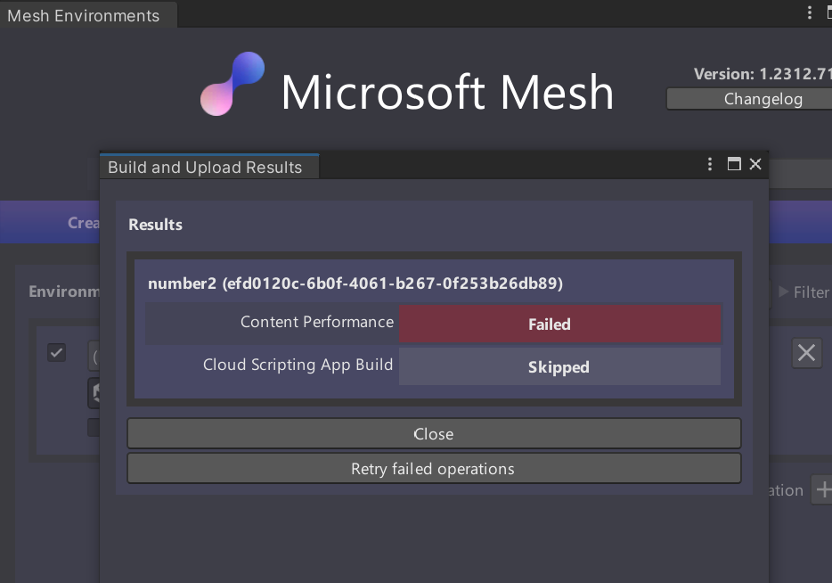Mesh Build and Upload failed because of "content performance ...