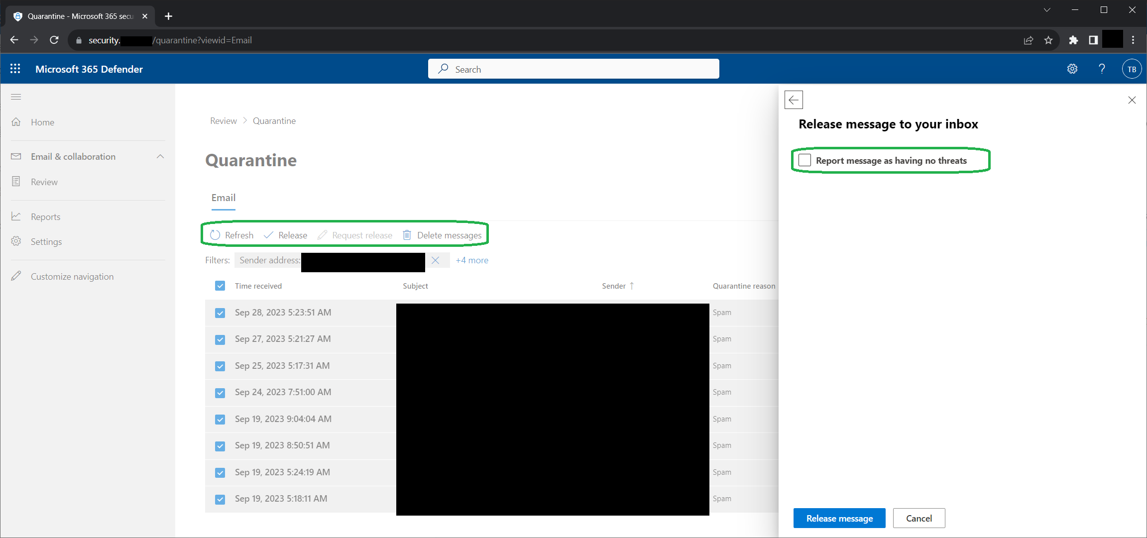 Feedback: Email Quarantine UI needs improvement re: reporting sender as ...
