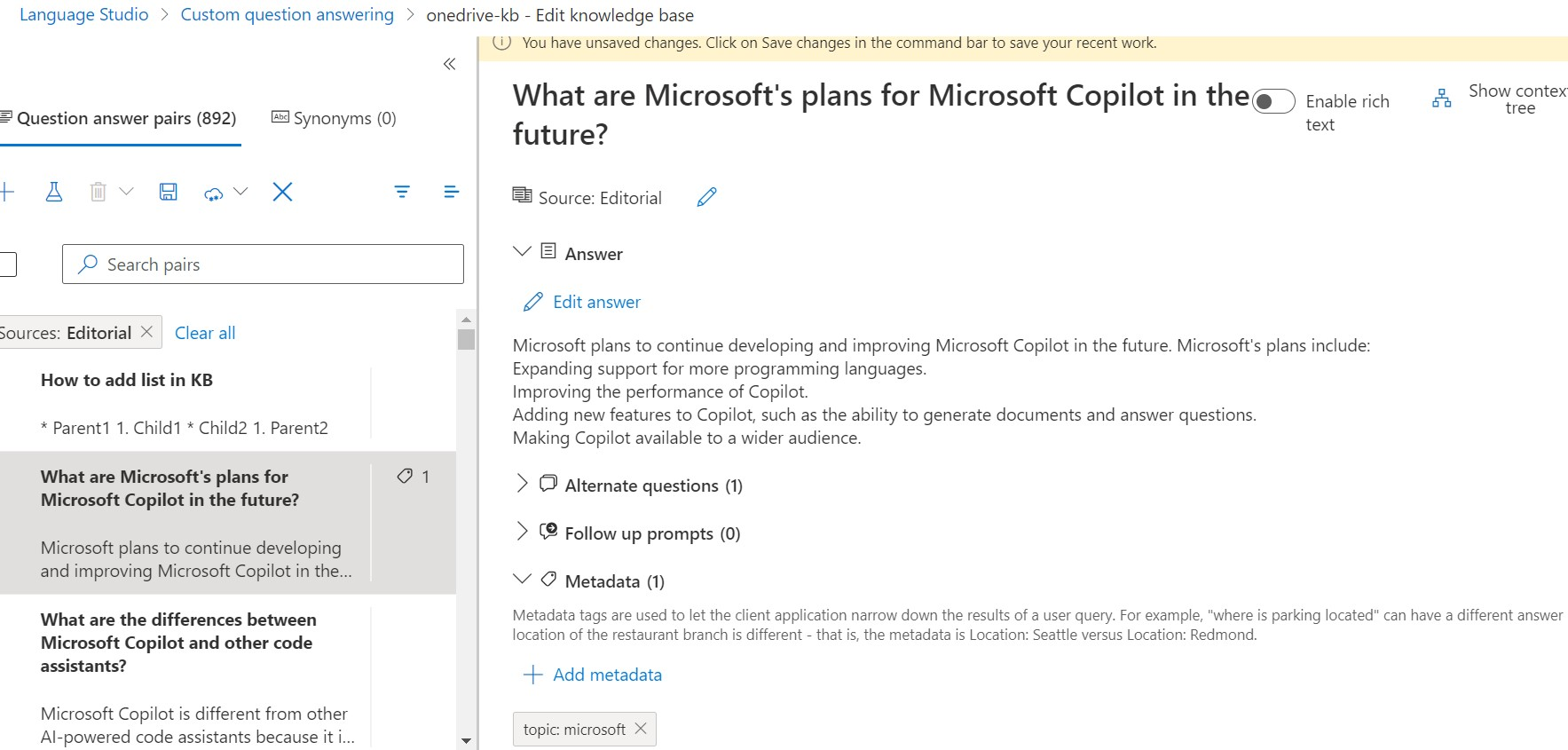 Can we fetch all the metadata updated in the custom question answering project | Microsoft ...