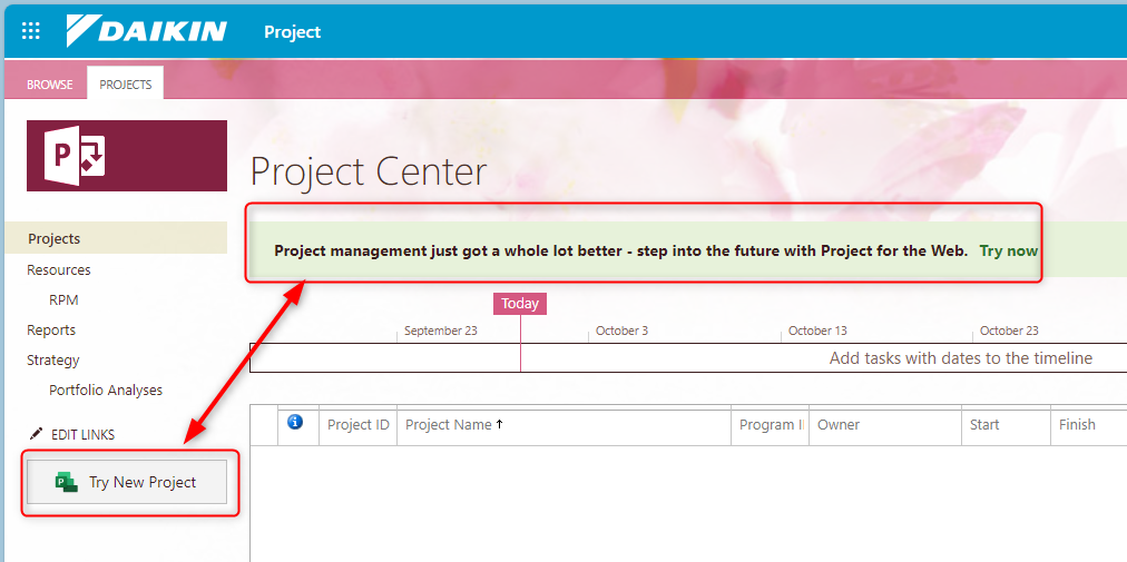Remove "Try New Project" link added to project center home page by ...