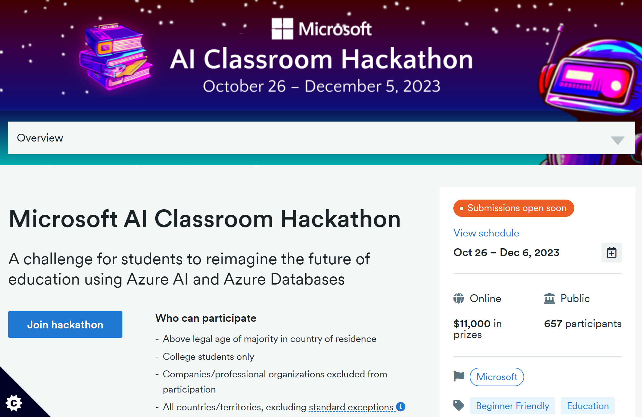 Microsoft AI Classroom Hackathon: Reimagine Education with Azure AI and Databases 26th Oct - 5th ...