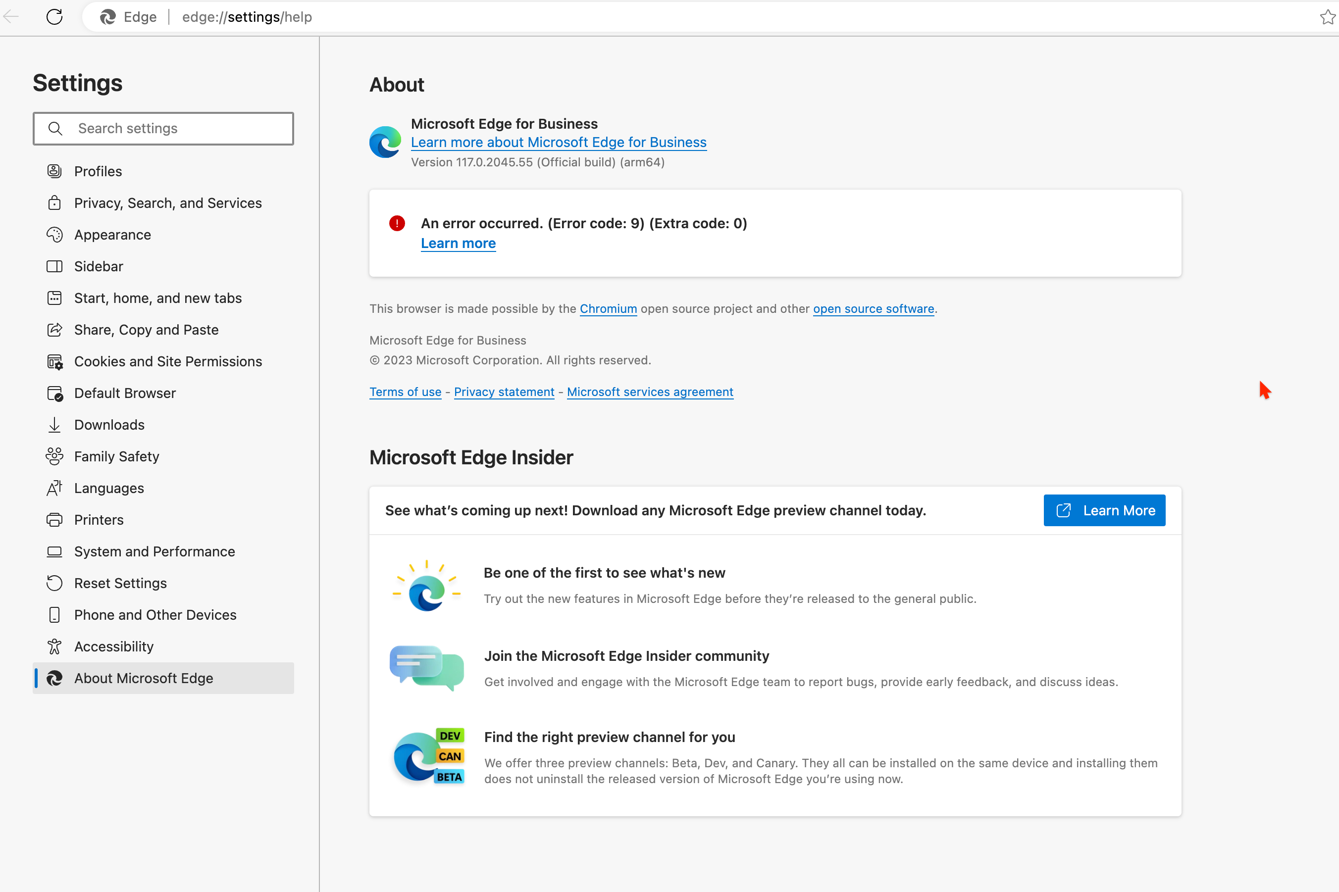 An error occurred. (Error code: 9) (Extra code: 0) | Microsoft ...